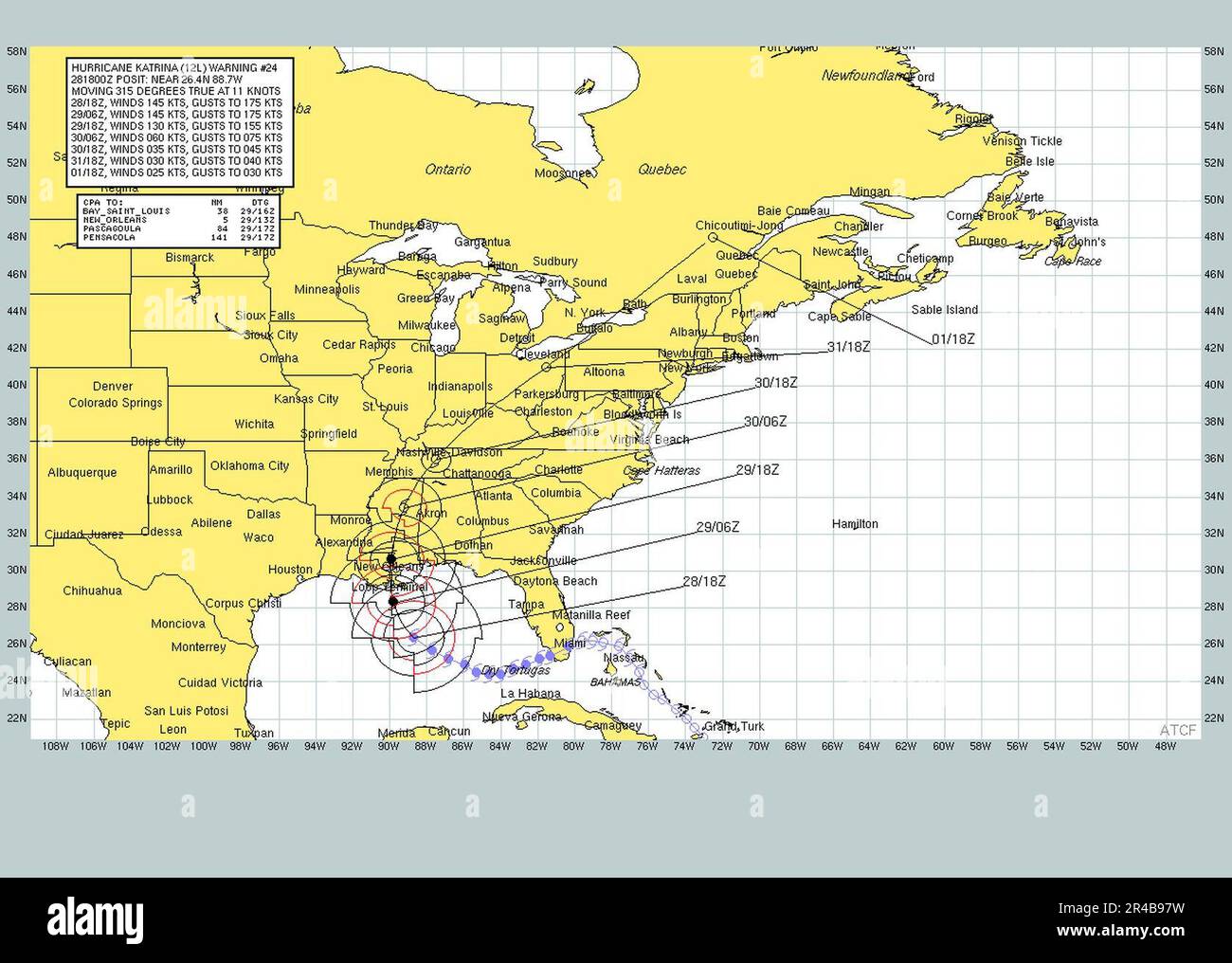 US Navy Navy graphic showing Hurricane Katrina strom track Stock Photo ...