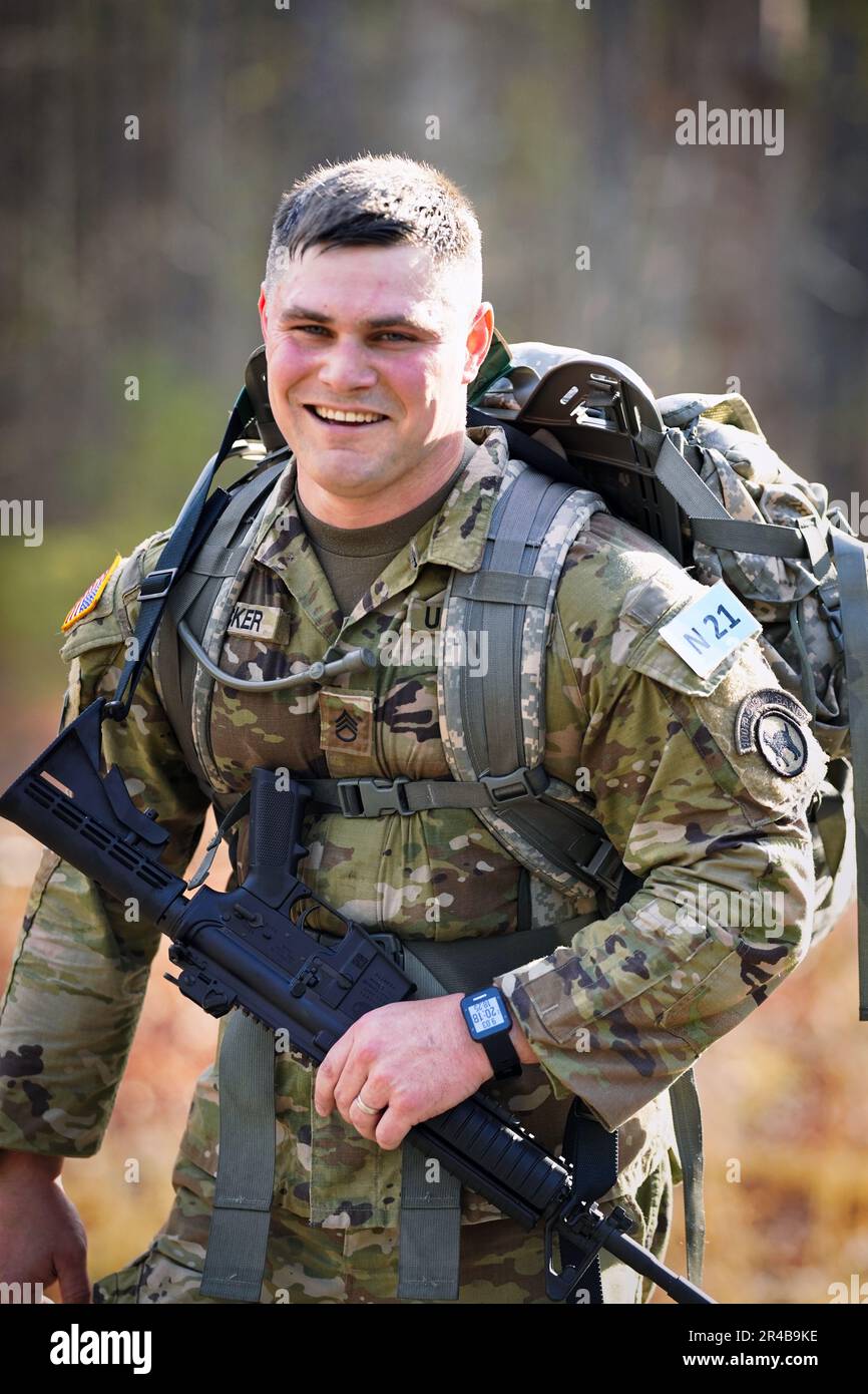 A Soldier completes the 12-mile ruck march event Tuesday during the ...