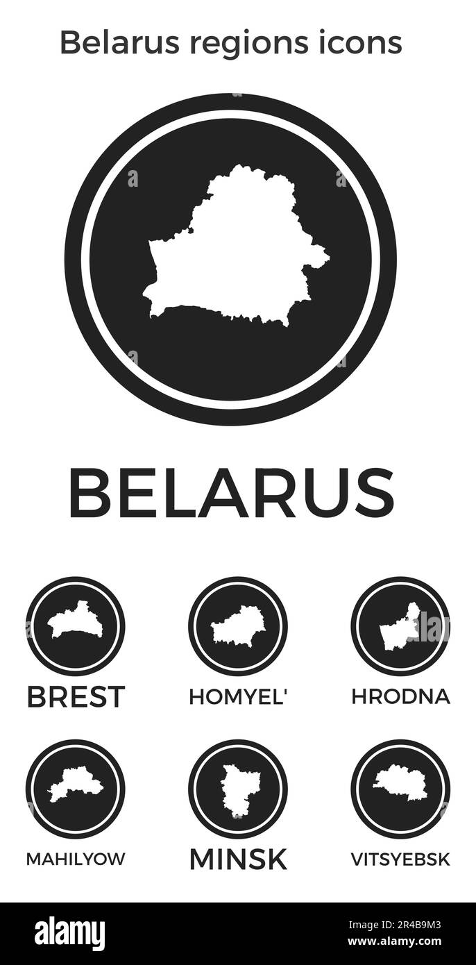 Belarus regions icons. Black round logos with country regions maps and ...