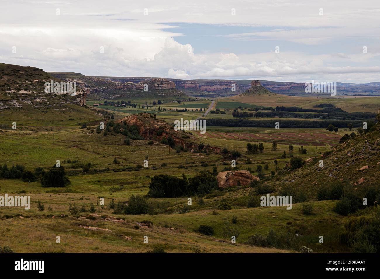 A captivating landscape with valleys and fields around the town of ...