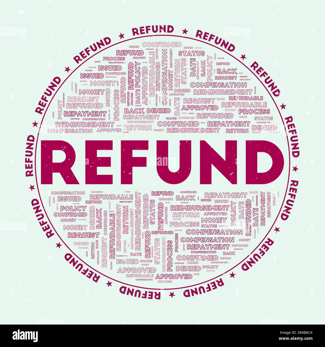 Refund - round badge. Text refund with keywords word clouds and ...