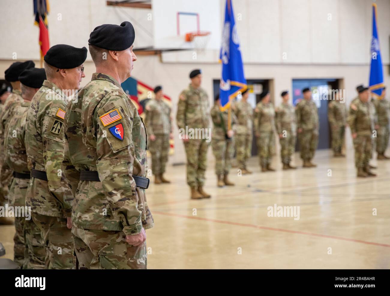 Soldiers with the 38th Infantry Division sing the Army Song during a ...