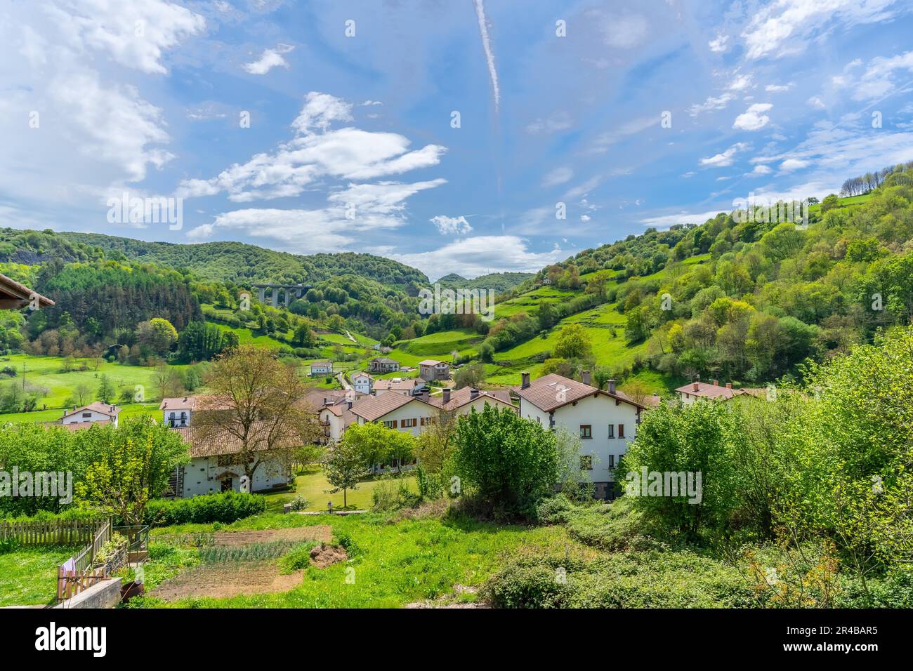 Areso town in the Sierra de Aralar next to Leiza in Navarre. View of ...
