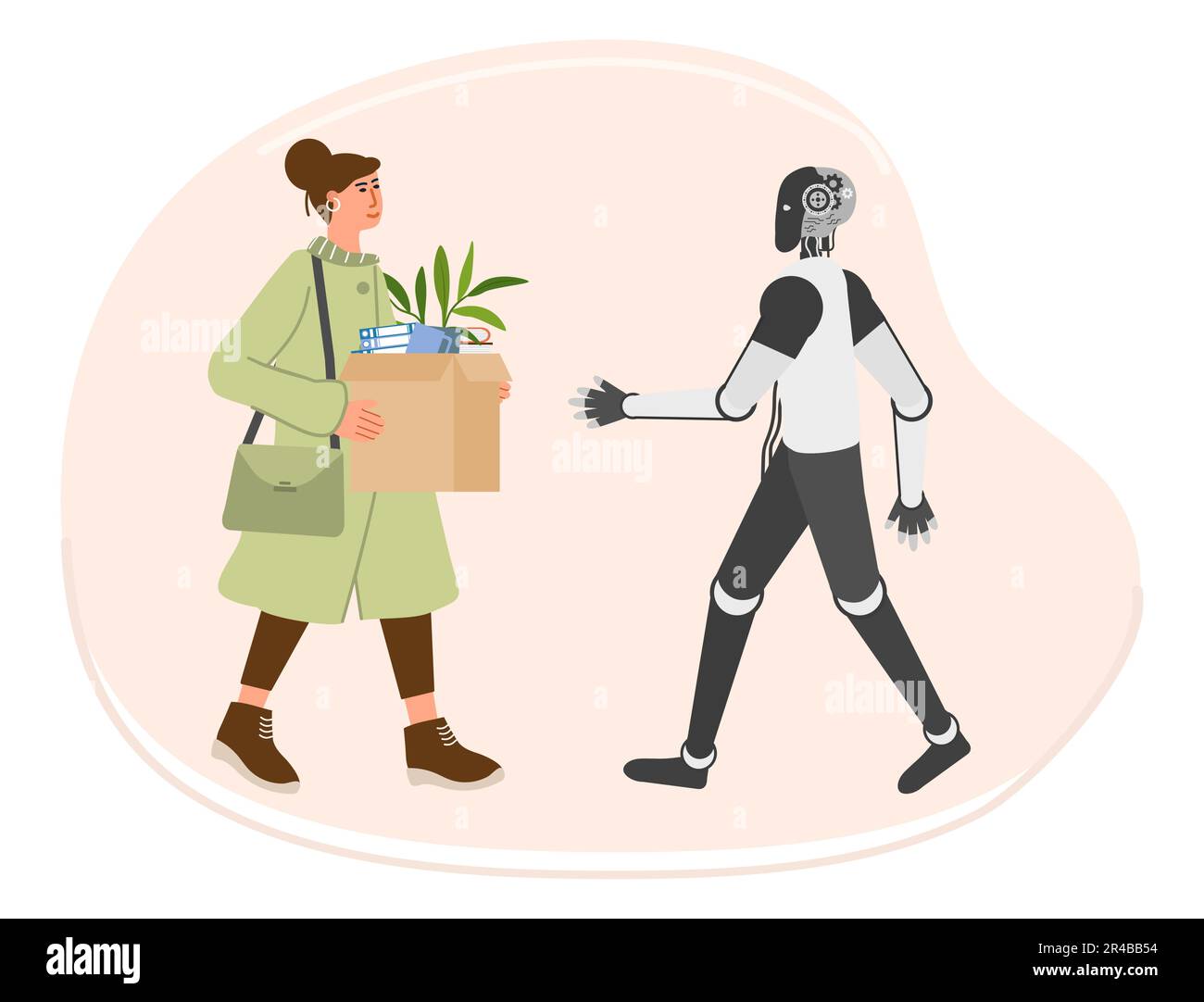 Girl comes to work with box. Robot meets, stretches out her hand to ...