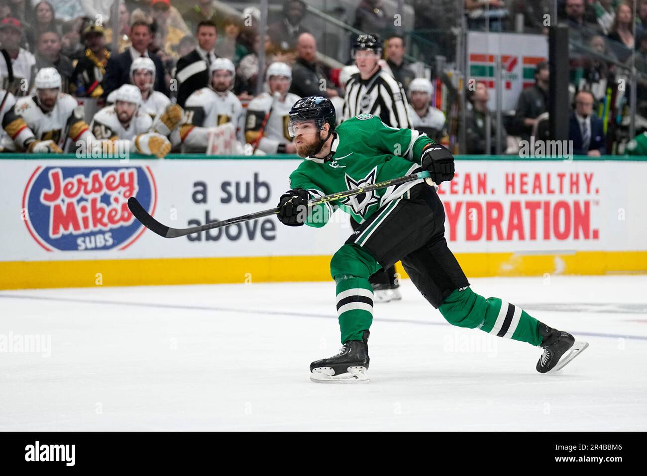 Dallas Stars defenseman Jani Hakanpaa takes a shot during Game 4 of the ...