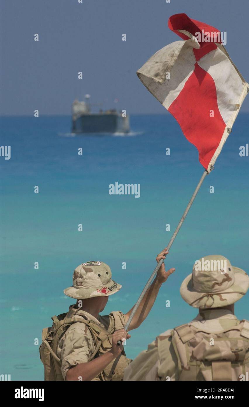 US Navy Seaman assigned with Beach Masters Unit One-Alpha, guides an ...