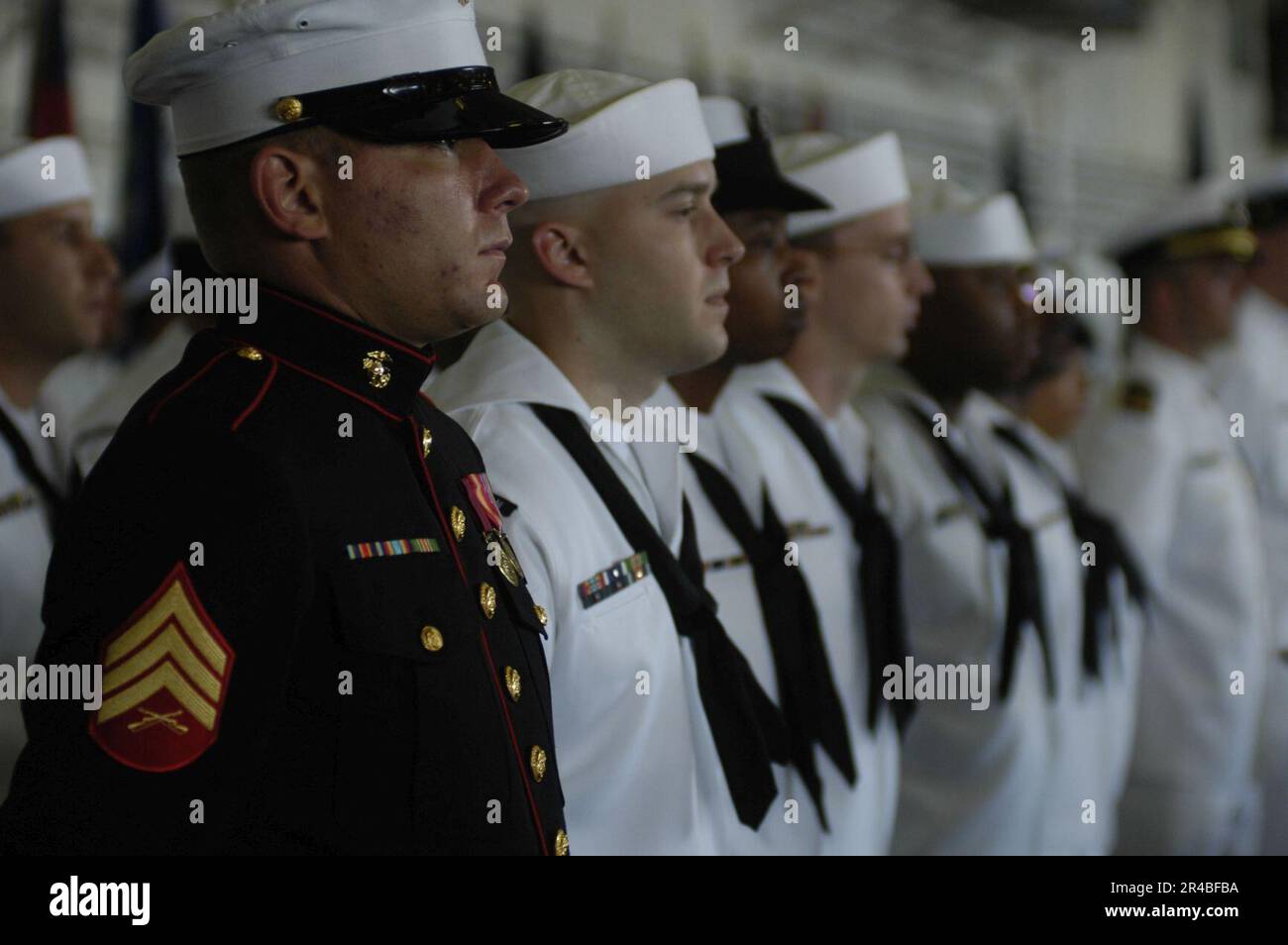 US Navy An enlisted Marine and Sailors stand at attention during a ...