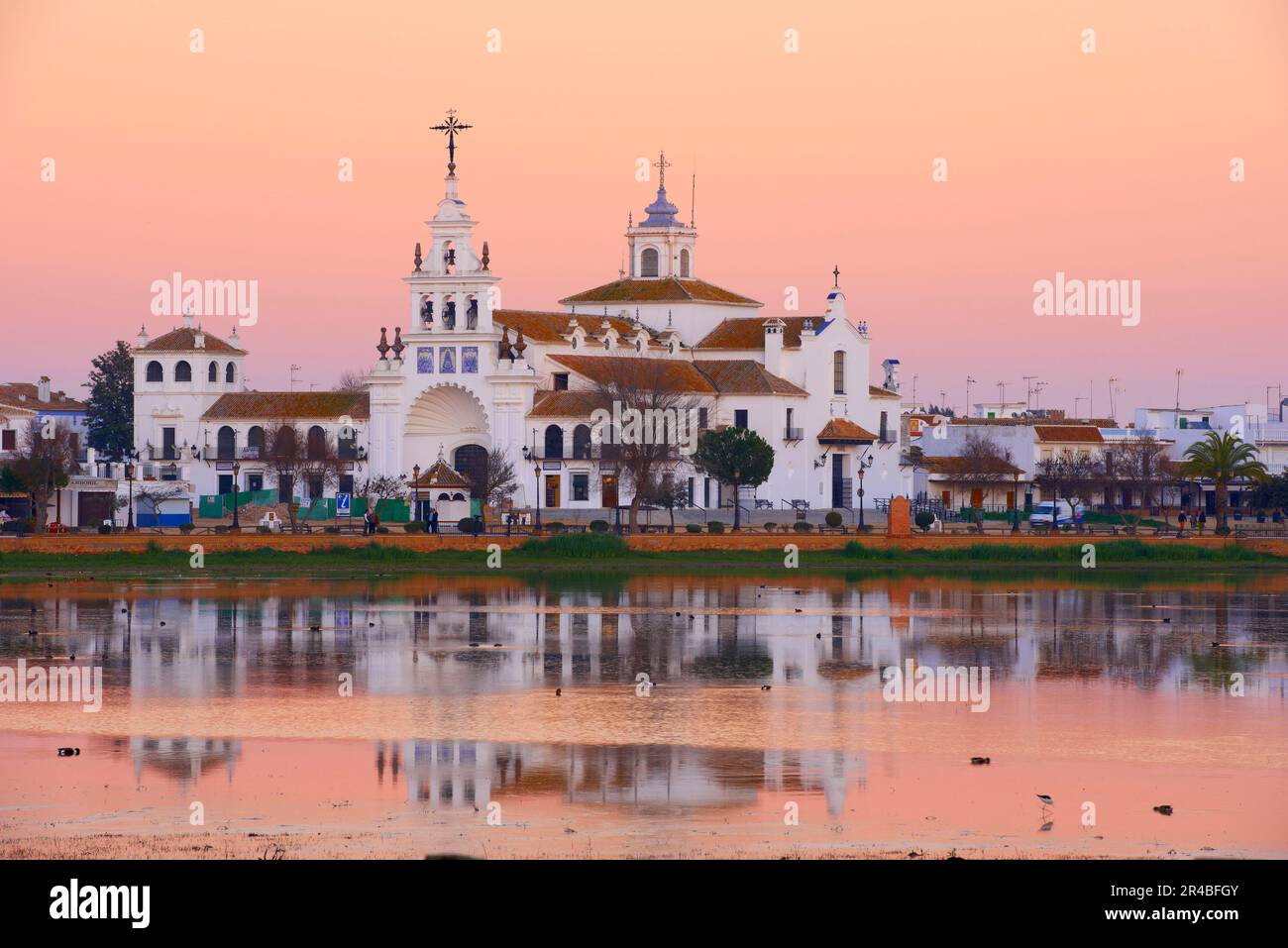 El Rocio village and hermitage at sunset, Almonte, El Rocio, Marismas ...