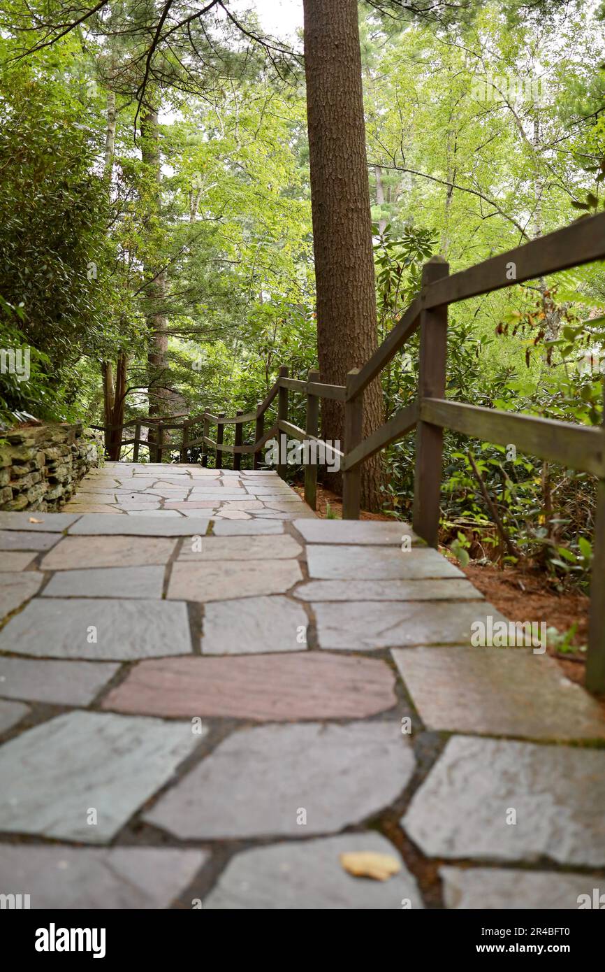 A scenic pathway lined with large stone steps leads down the side of a ...