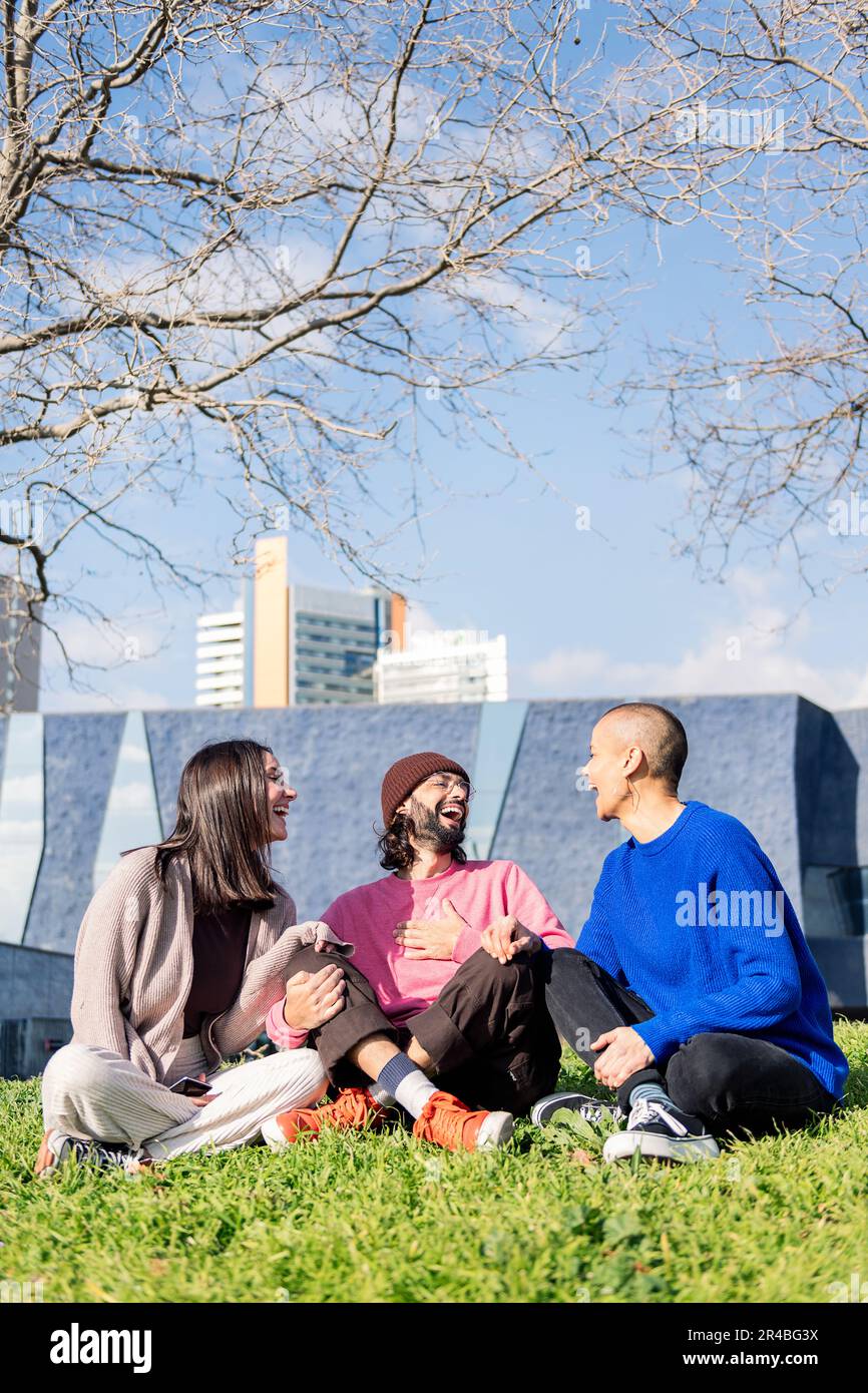 three friends laughing happy sitting in the lawn Stock Photo - Alamy