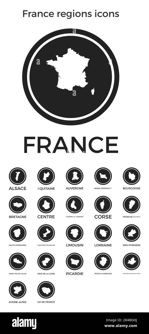 France regions icons. Black round logos with country regions maps and ...