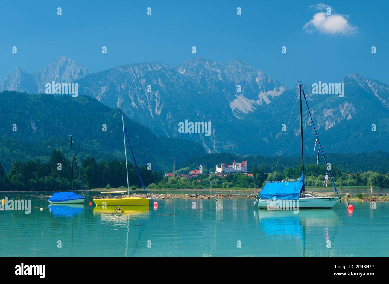 Forggensee, view of Hohen Schloss in Fuessen, Allgaeu, Bavaria, Germany ...