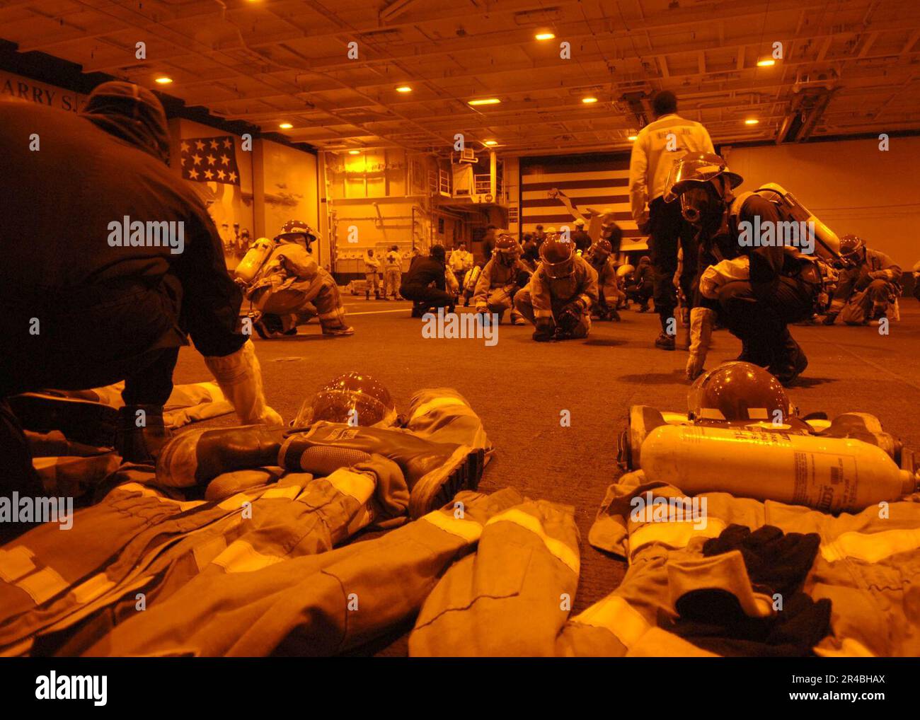 US Navy Fire party Sailors assigned to repair locker One Bravo brace ...