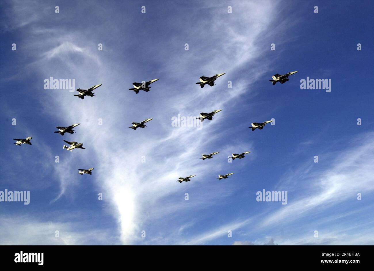 US Navy Aircraft assigned to Carrier Air Wing Eleven (CVW-11) fly in a large formation during a ...