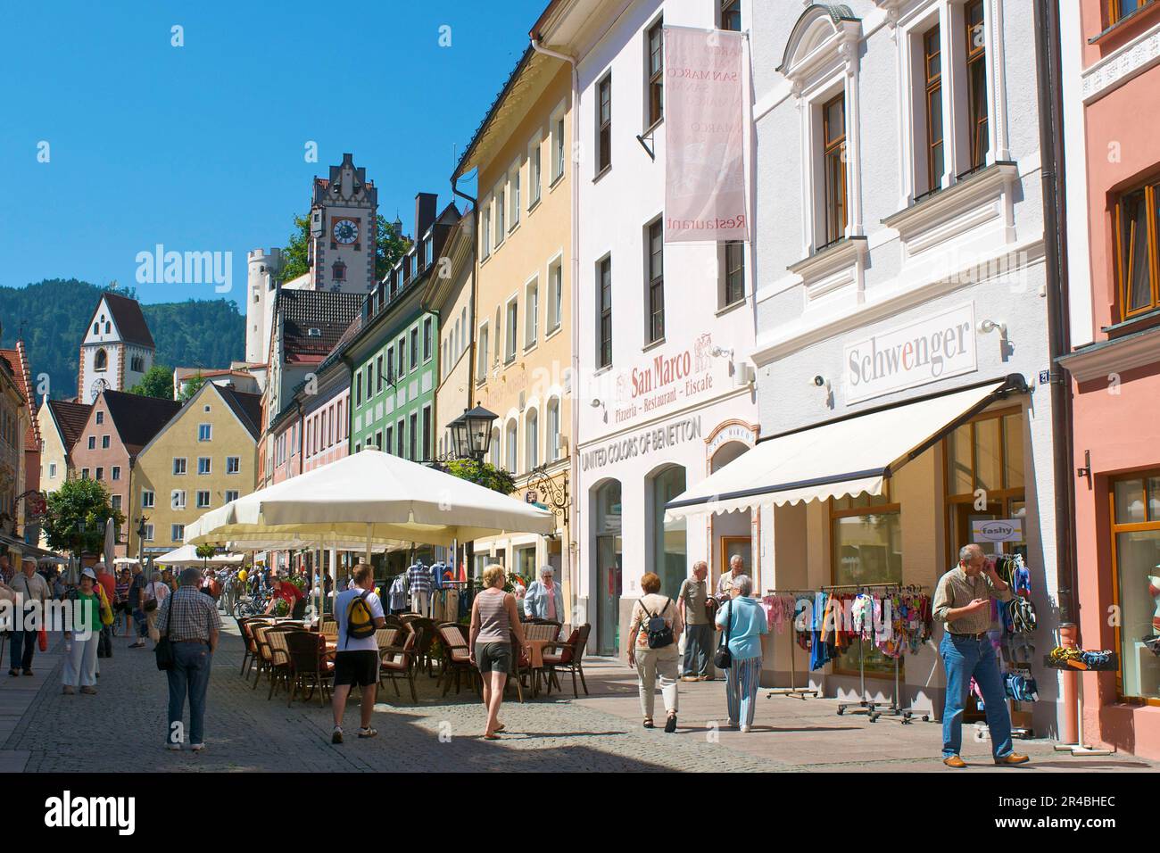 Pedestrian zone, towers of St. Mang Monastery and High Castle, Fuessen ...