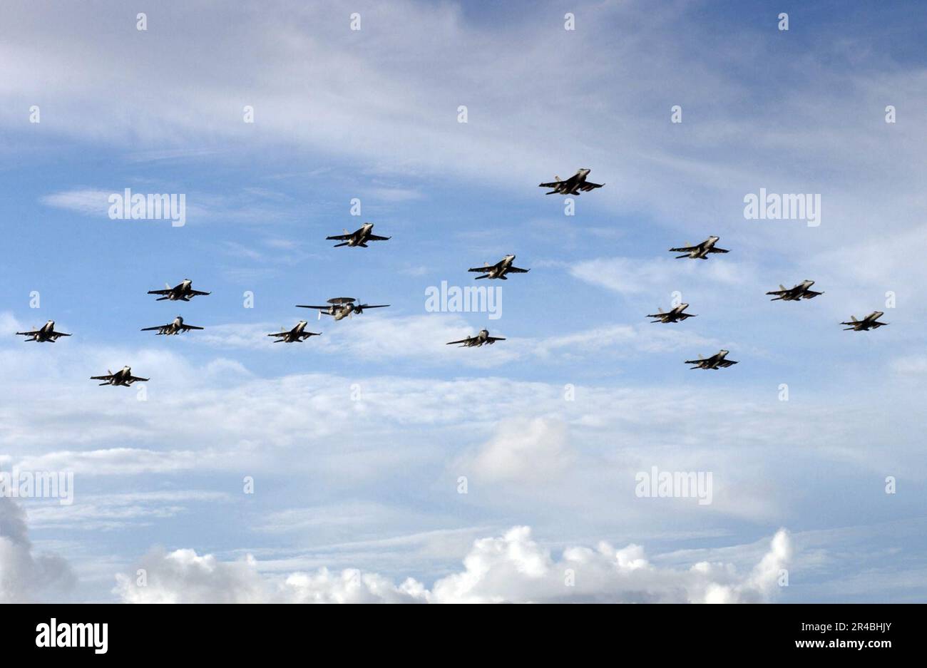 US Navy Aircraft assigned to Carrier Air Wing Eleven (CVW-11) fly in a large formation during a ...