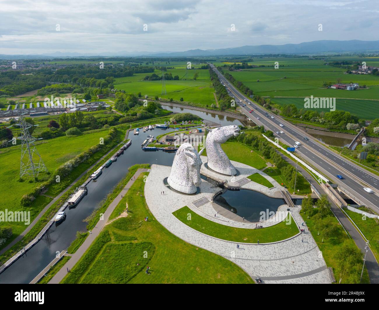 Aerial view of The Kelpies horse sculptures in Helix park in Falkirk ...
