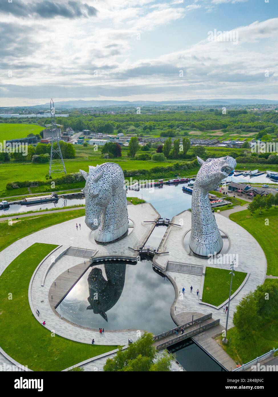 Aerial view of The Kelpies horse sculptures in Helix park in Falkirk ...