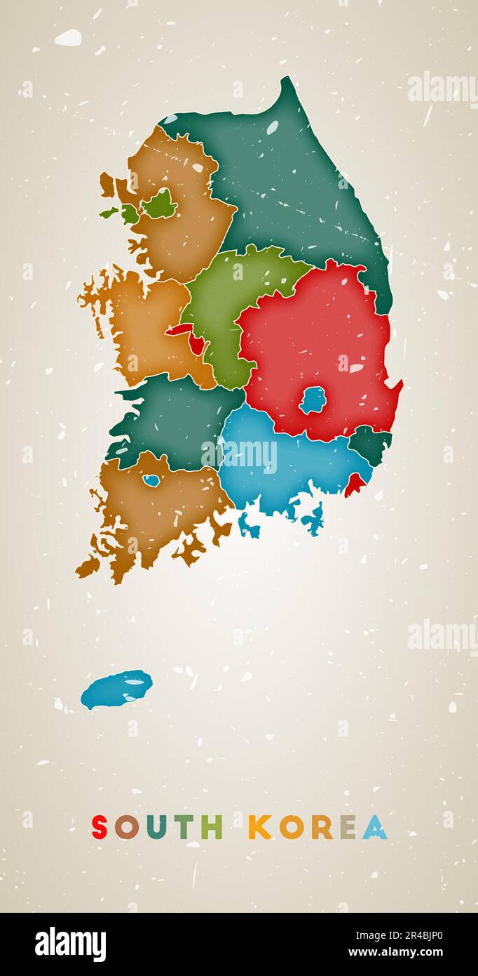 South Korea map. Country poster with colored regions. Old grunge ...