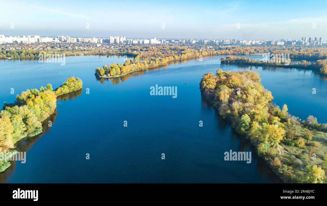 Kyiv cityscape, Dnieper and Desenka rivers landscape aerial drone view ...