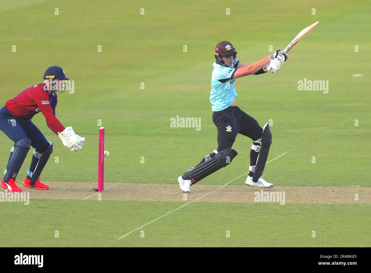26 May, 2023. London, UK. Surrey’s Jamie Smith gets an inside edge that ...