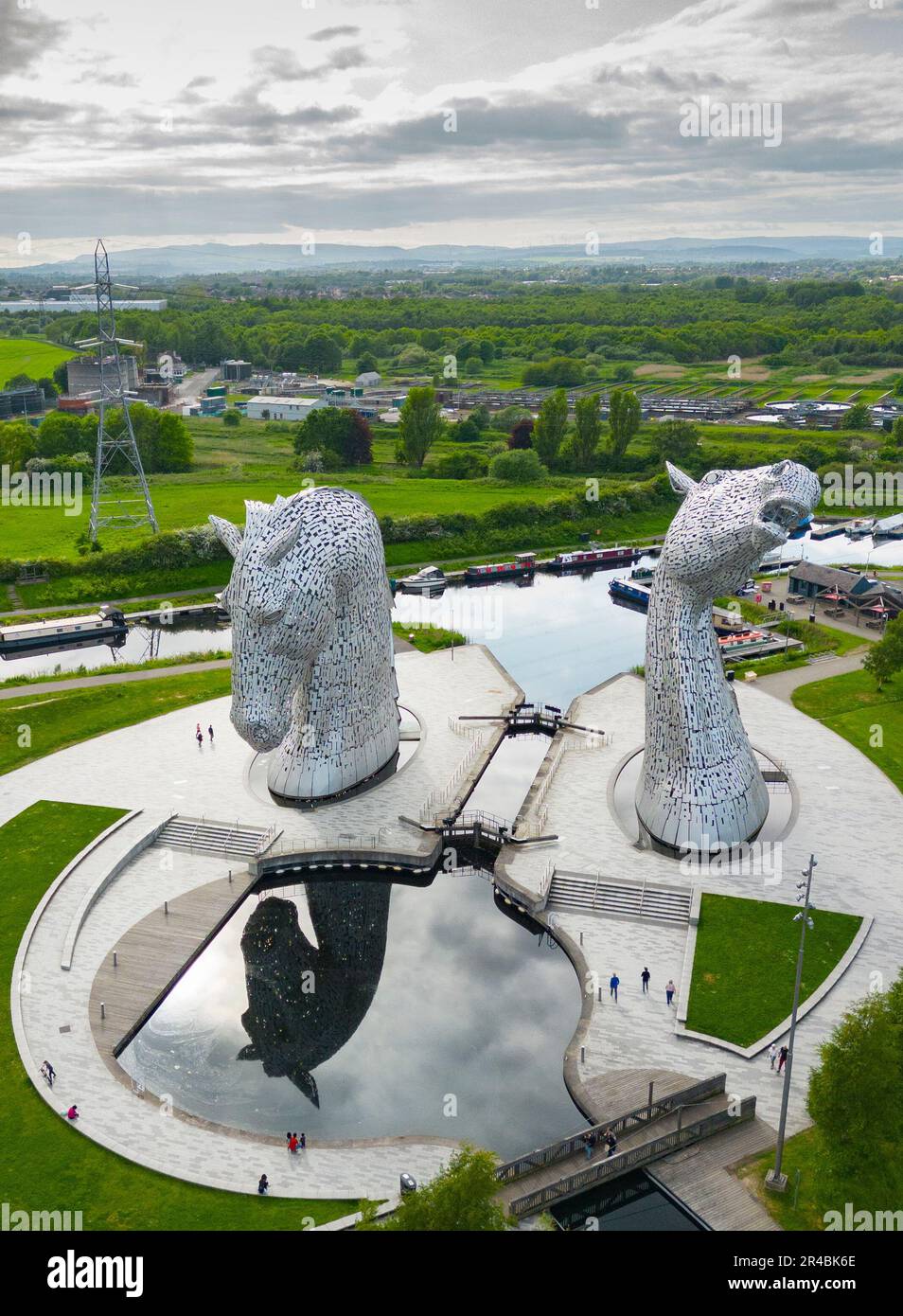 Aerial view of The Kelpies horse sculptures in Helix park in Falkirk ...