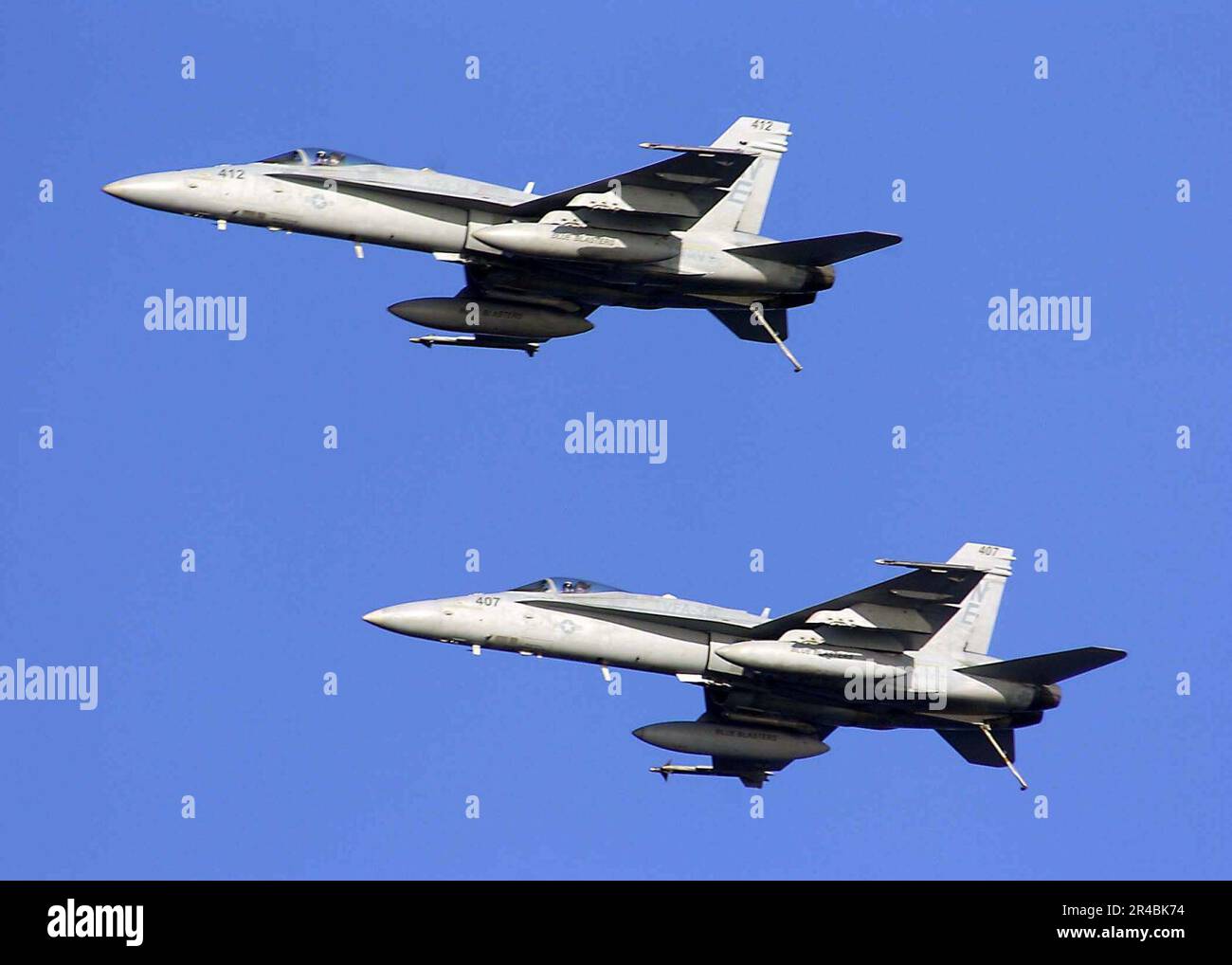 US Navy Two F-A-18C Hornets, assigned to the Blue Blasters of Strike ...