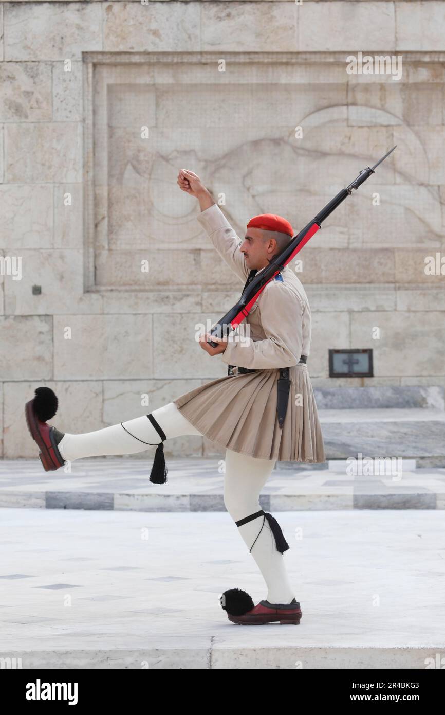 The changing of the guard of the Evzones in front of the Greek Parliament at Syntagma Square ...