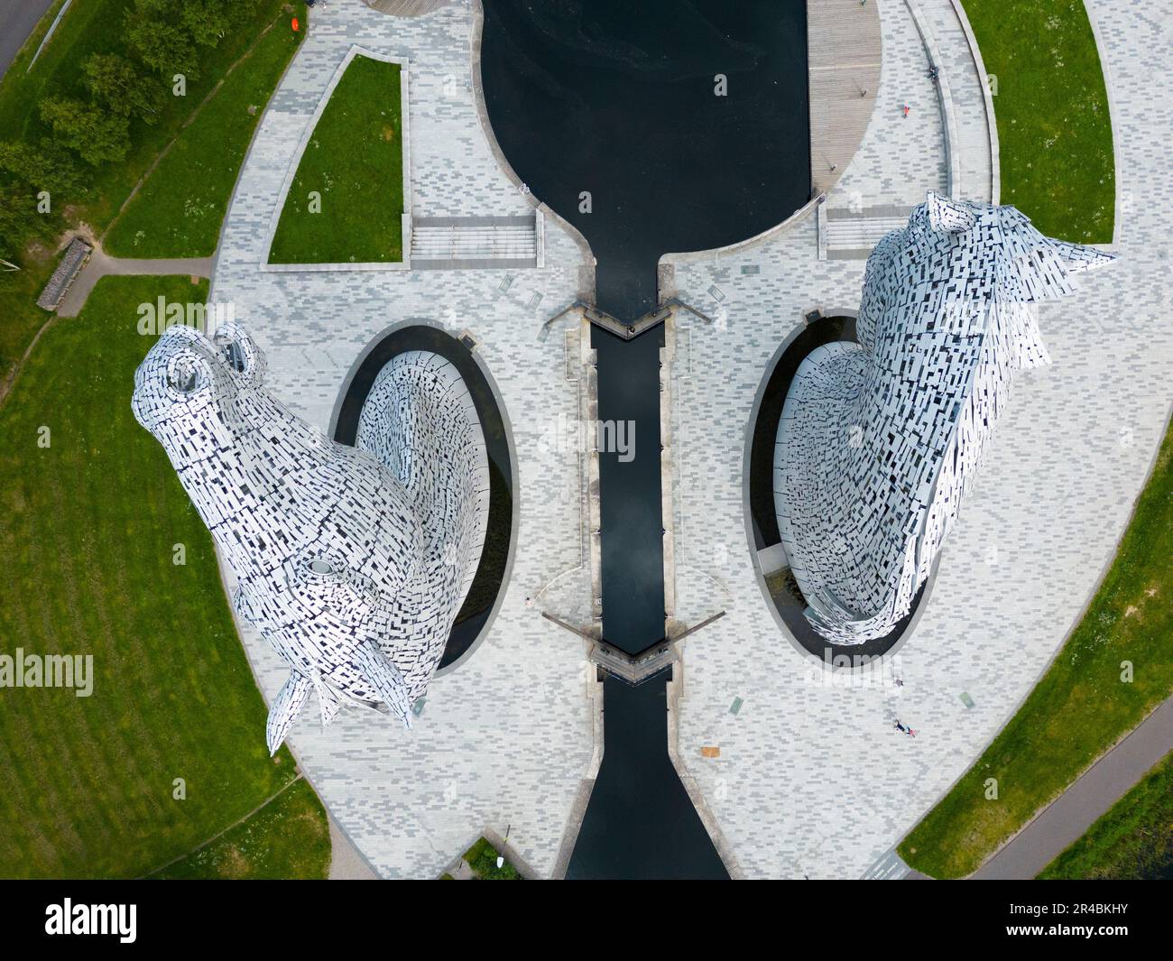 Aerial view of The Kelpies horse sculptures in Helix park in Falkirk ...