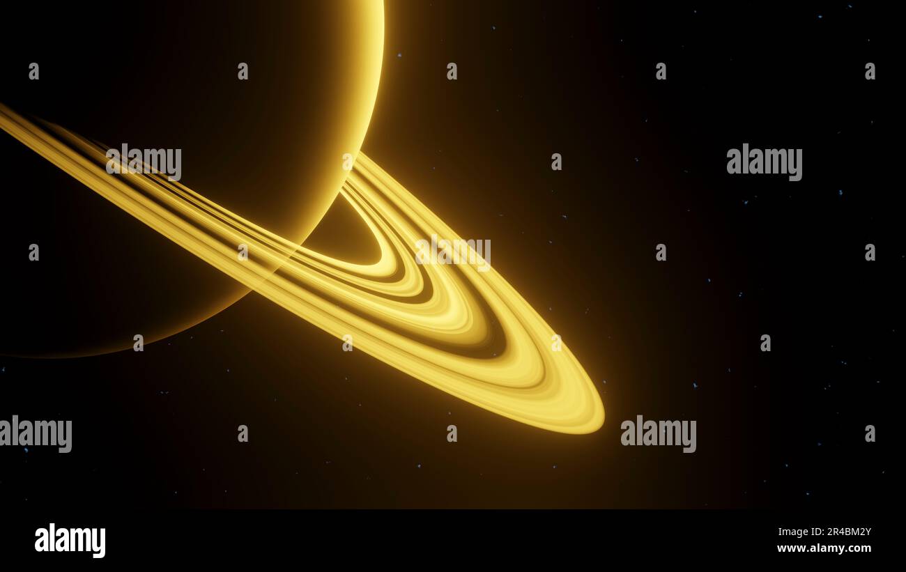 Rendered illustration of a planet with rings orbiting around the planet ...