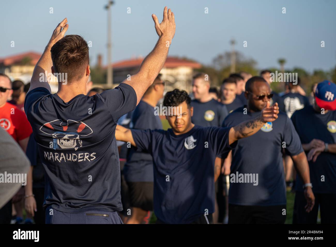 U.S. Airmen assigned to the 6th Air Refueling Wing stretch prior to a ...