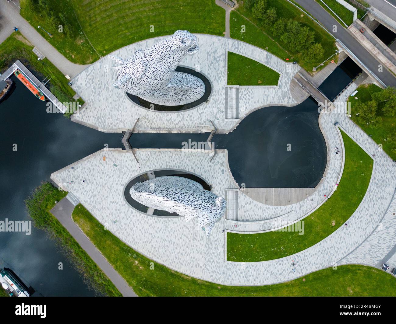 Aerial view of The Kelpies horse sculptures in Helix park in Falkirk ...