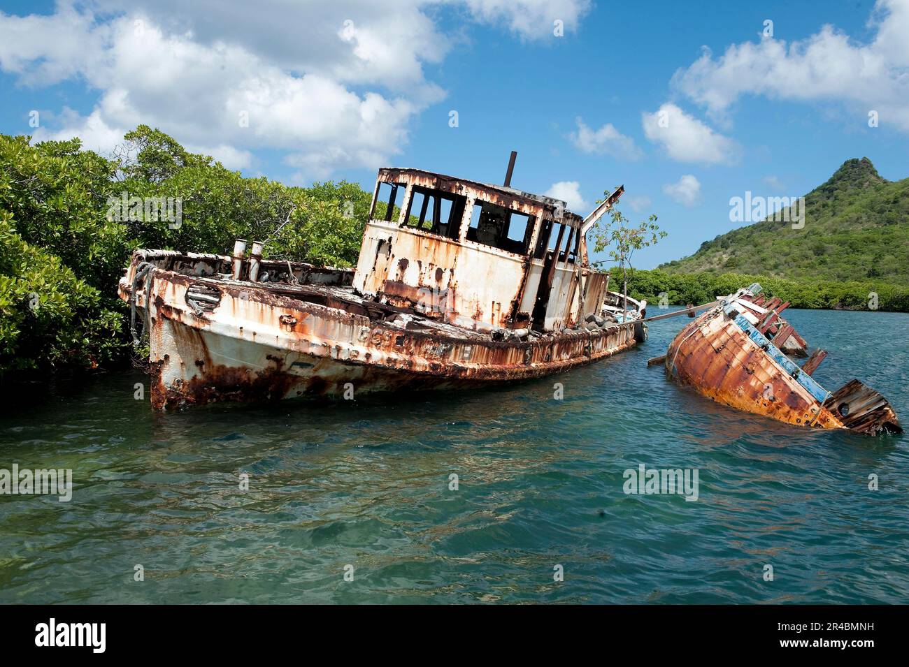 Tugboat, rusty shipwreck, lagoon mangrove, Carriacou, Grenada, Windward ...