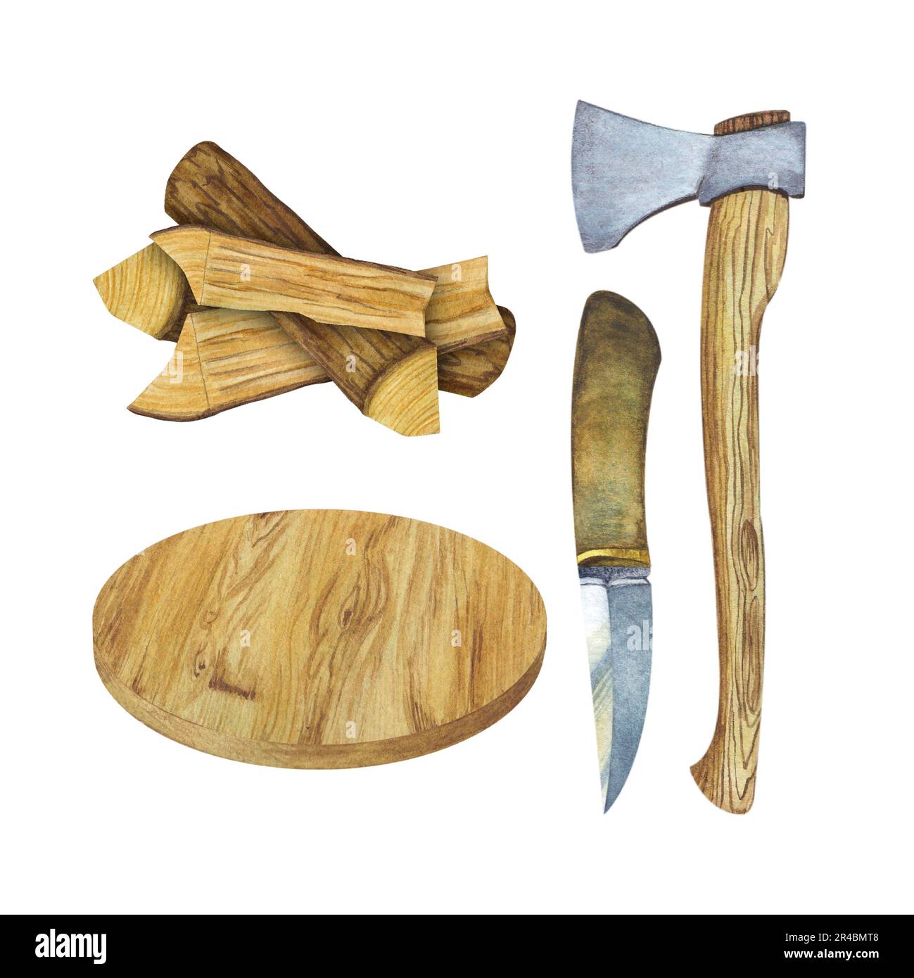 Axe with wooden handle and hunting knife with wooden handle for camping ...