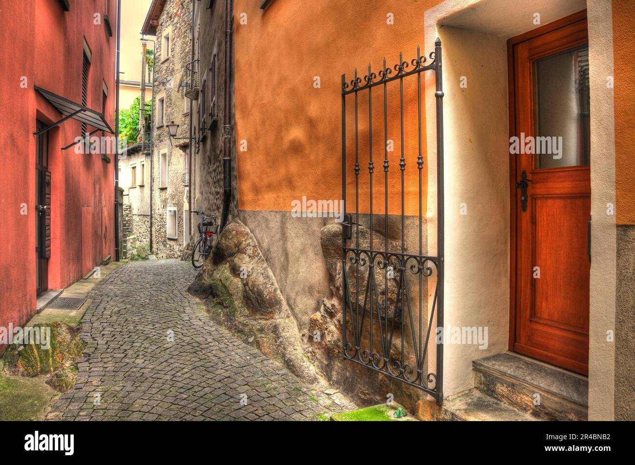 Old colorful rustic narrow alley, stone roa, Ascona, Switzerland Stock ...