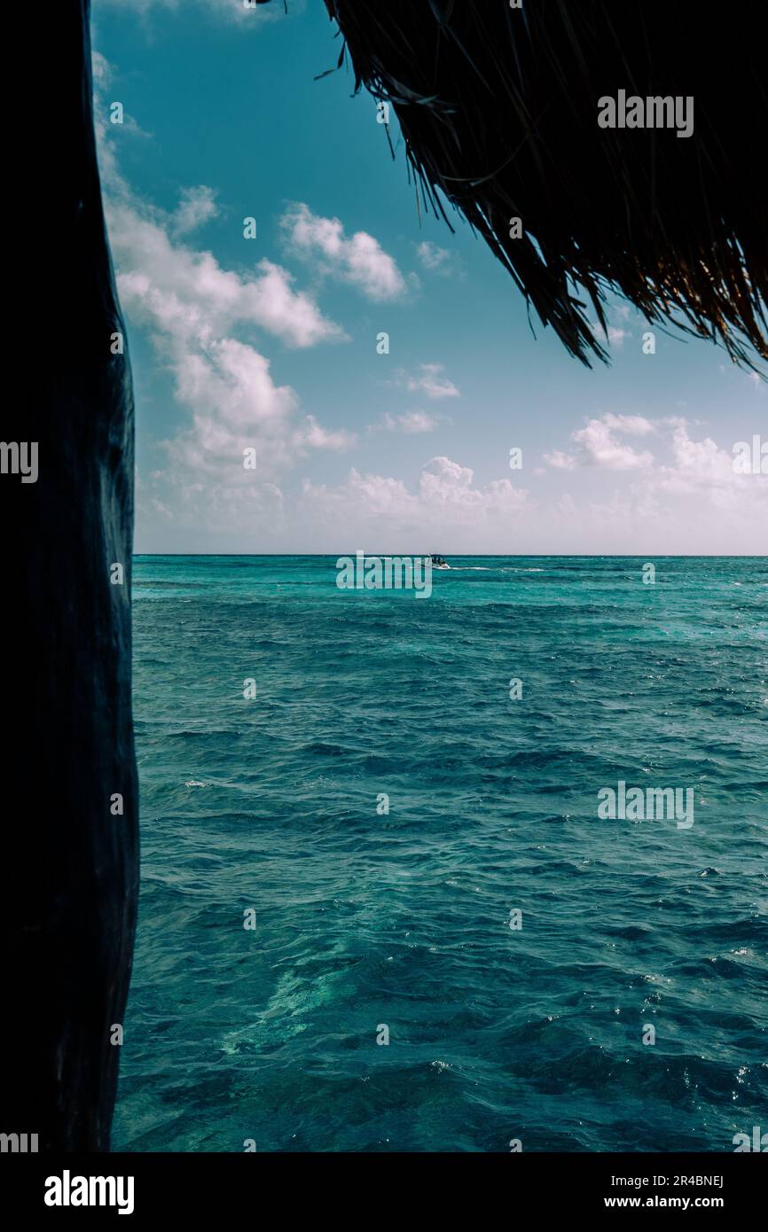A stunning view of the ocean is seen through the window of a rustic ...