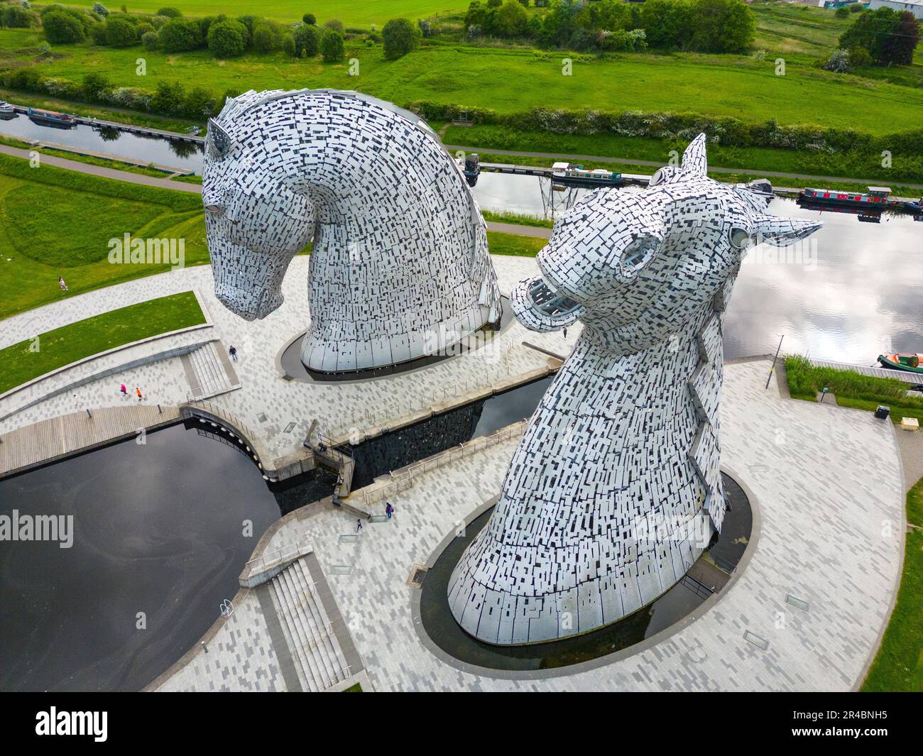 Aerial view of The Kelpies horse sculptures in Helix park in Falkirk ...