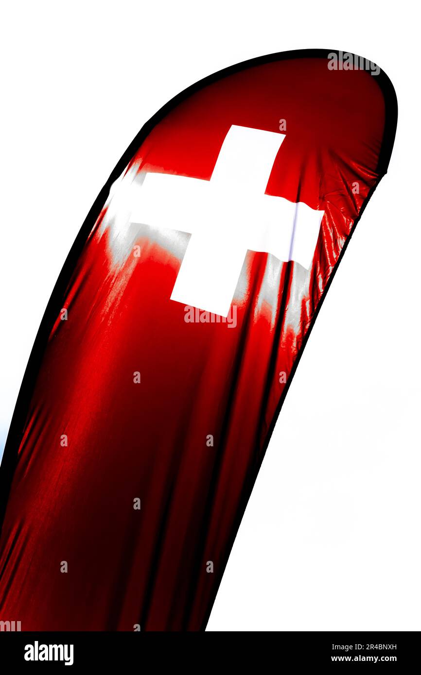 Swiss Banner Flag with Sunlight on White Background Stock Photo - Alamy