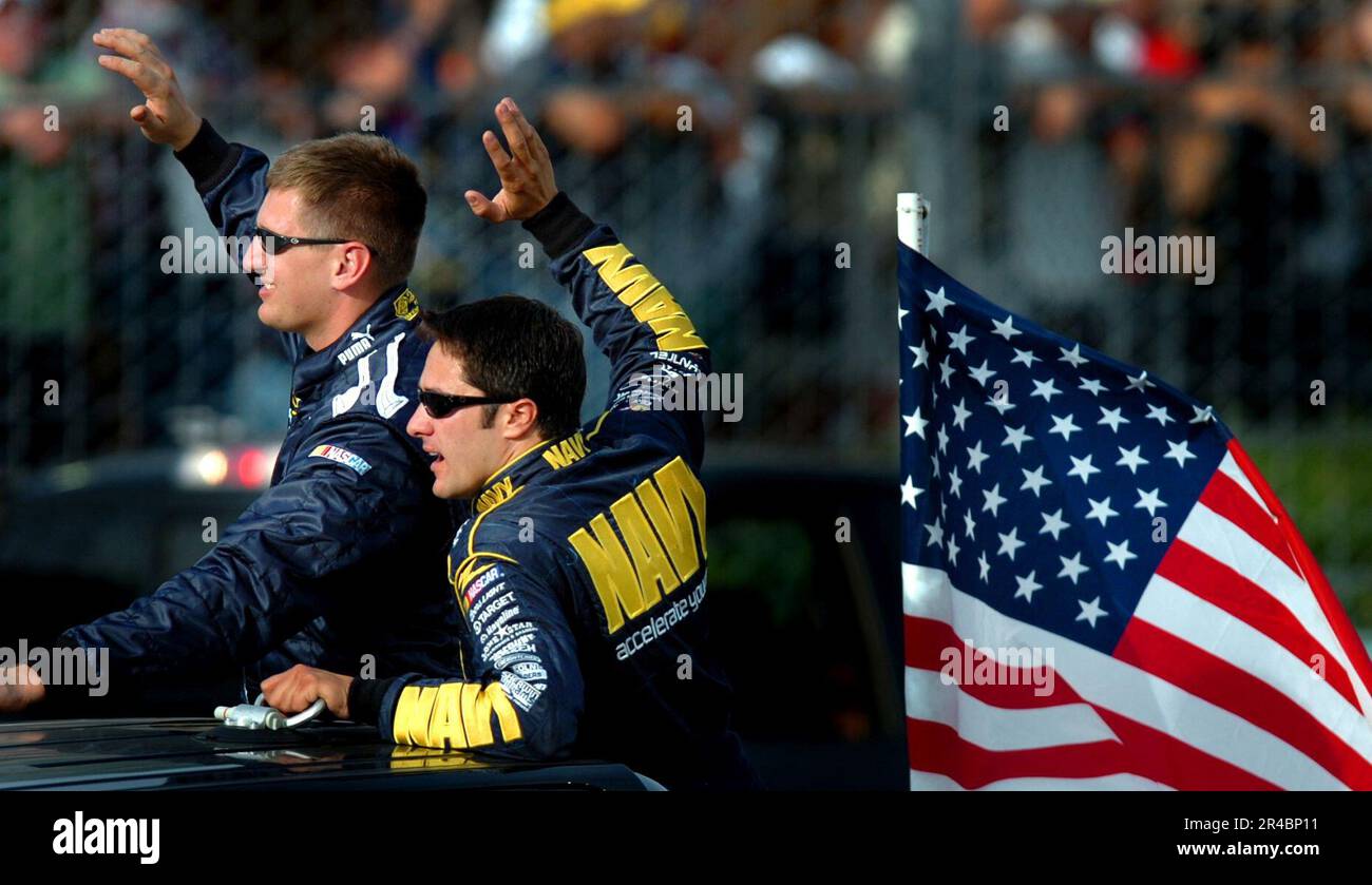 US Navy Mark McFarland, left, driver of the NASCAR Busch No. 88 Navy ...
