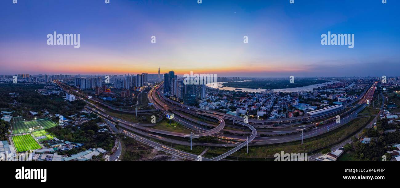 Sunset at overpass bridges in Cat Lai juntion, Ho Chi Minh city ...