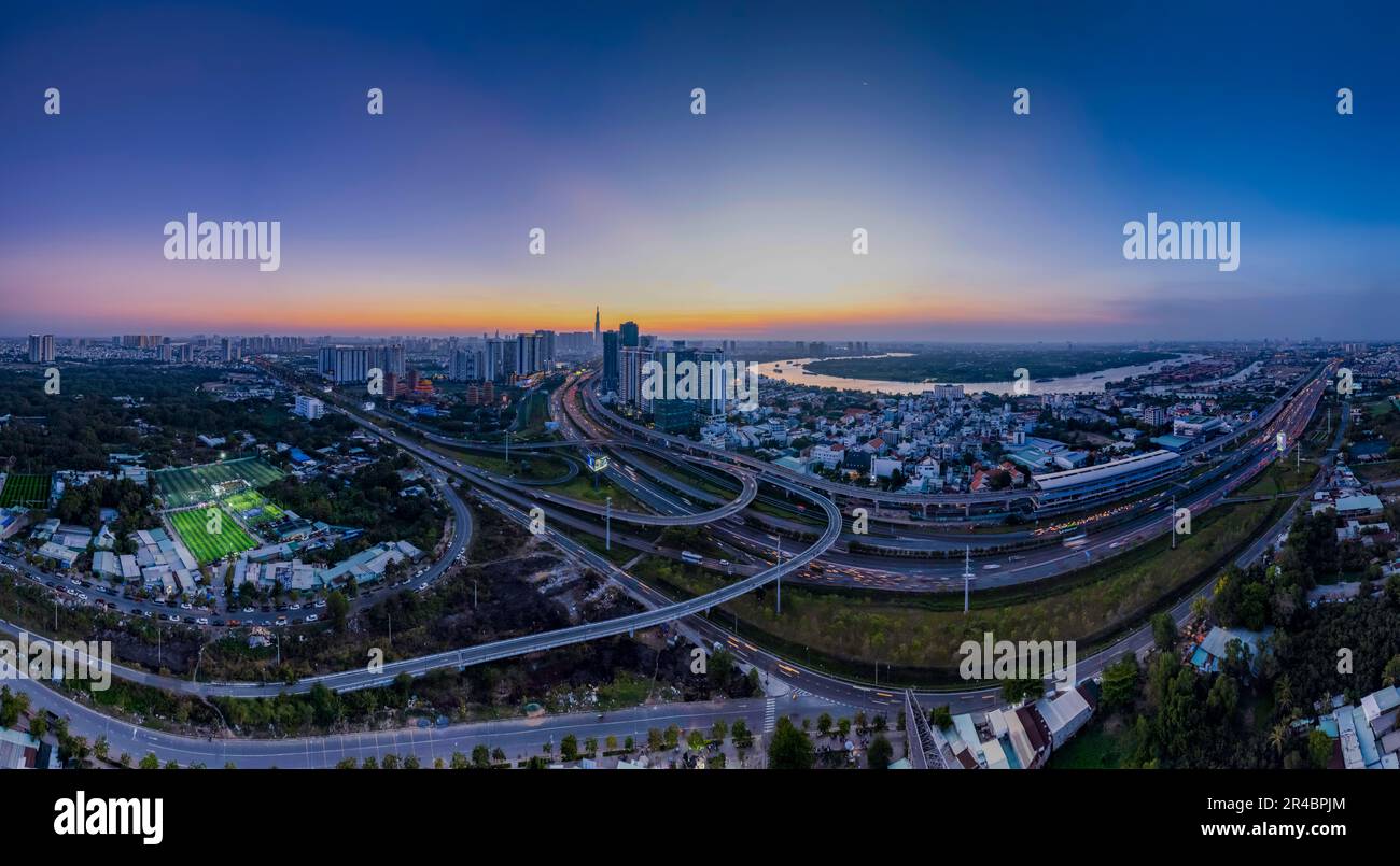 Sunset at overpass bridges in Cat Lai juntion, Ho Chi Minh city ...
