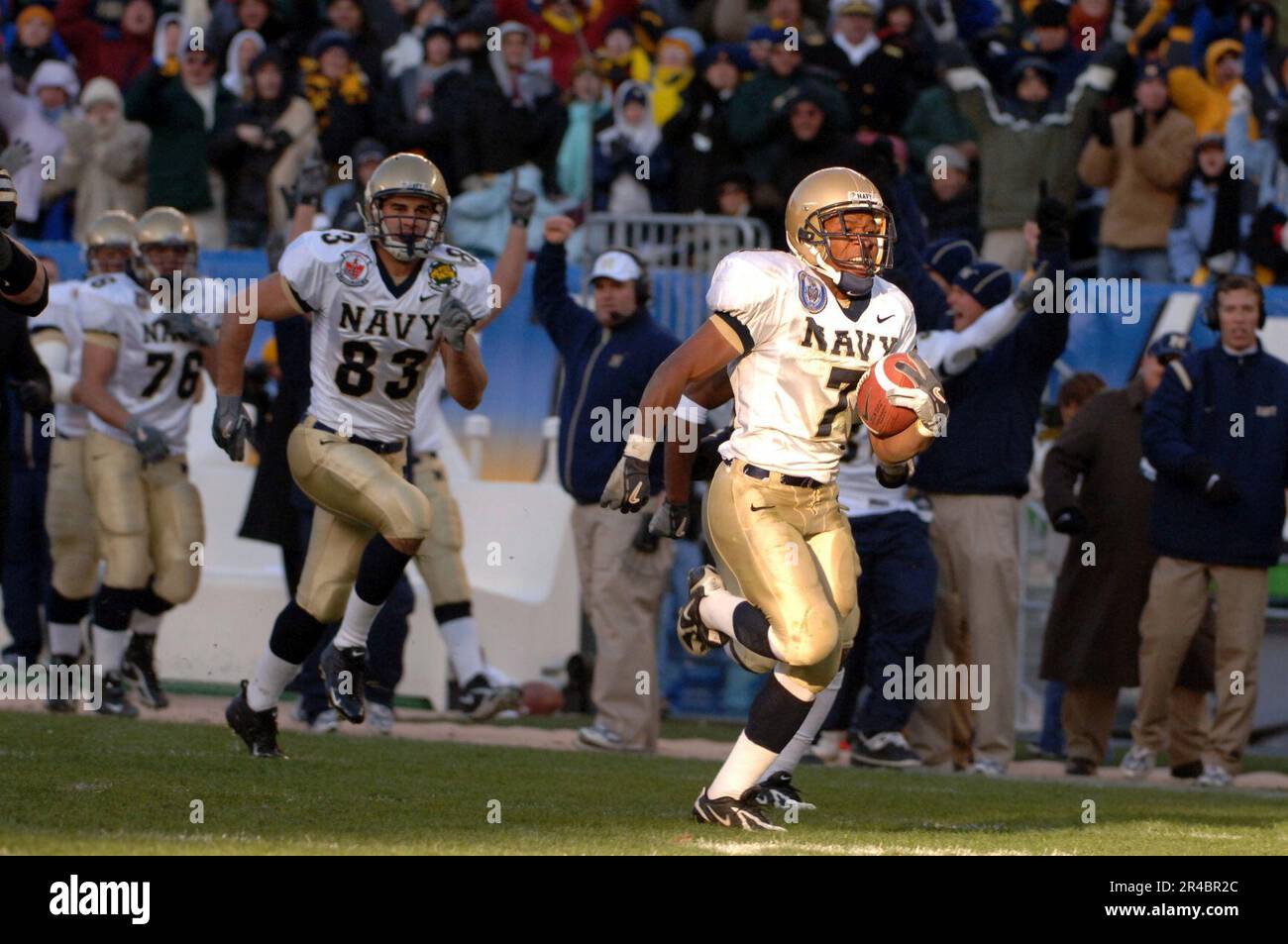 US Navy Navy slot-back (7) breaks into the sunshine just prior to ...