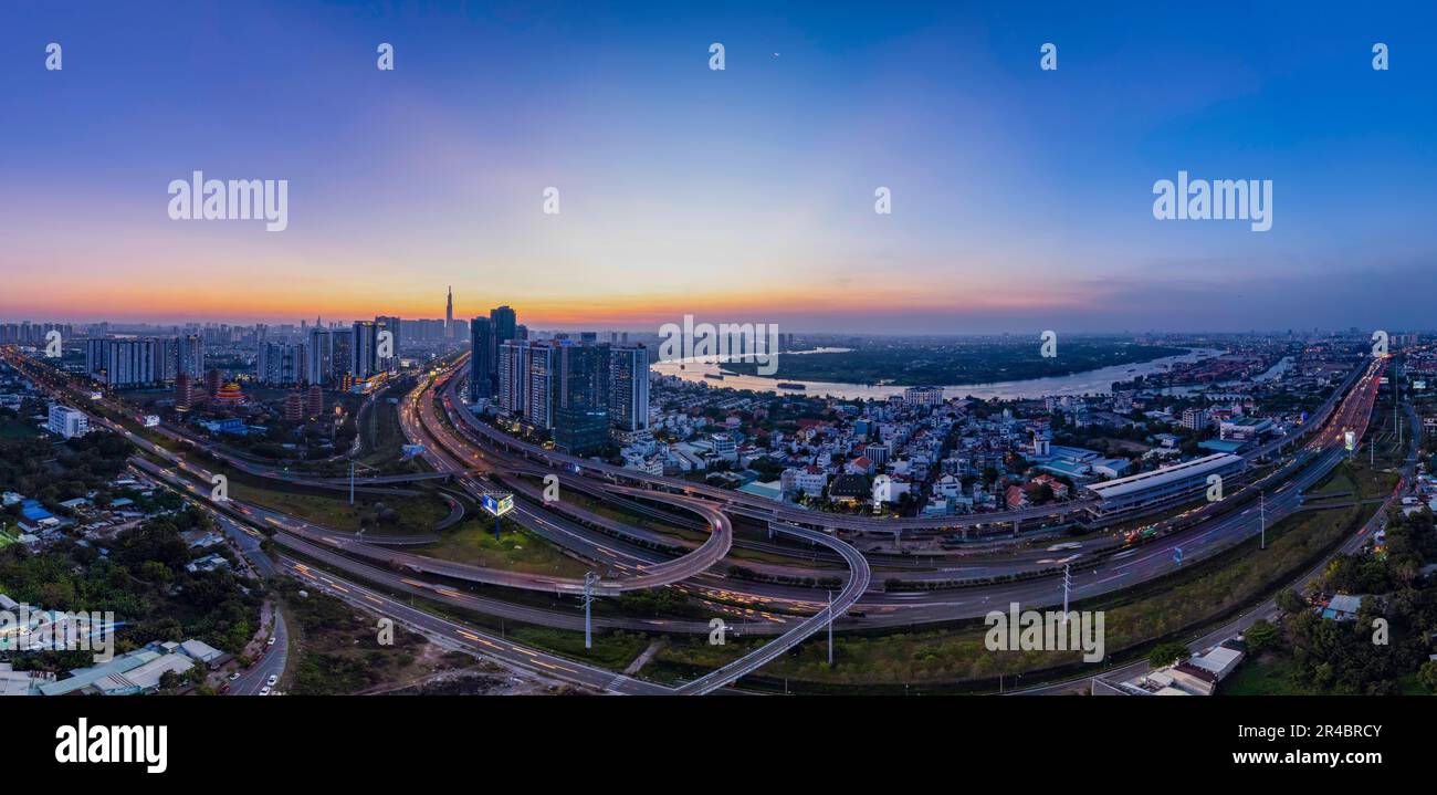 Sunset at overpass bridges in Cat Lai juntion, Ho Chi Minh city ...