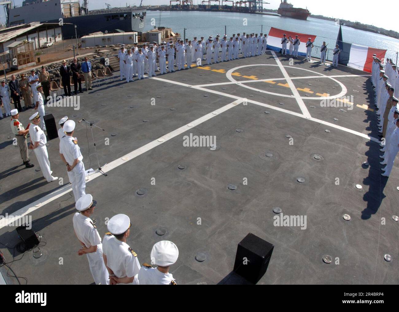 US Navy French and Dutch Sailors gather in ranks on the fantail for the ...