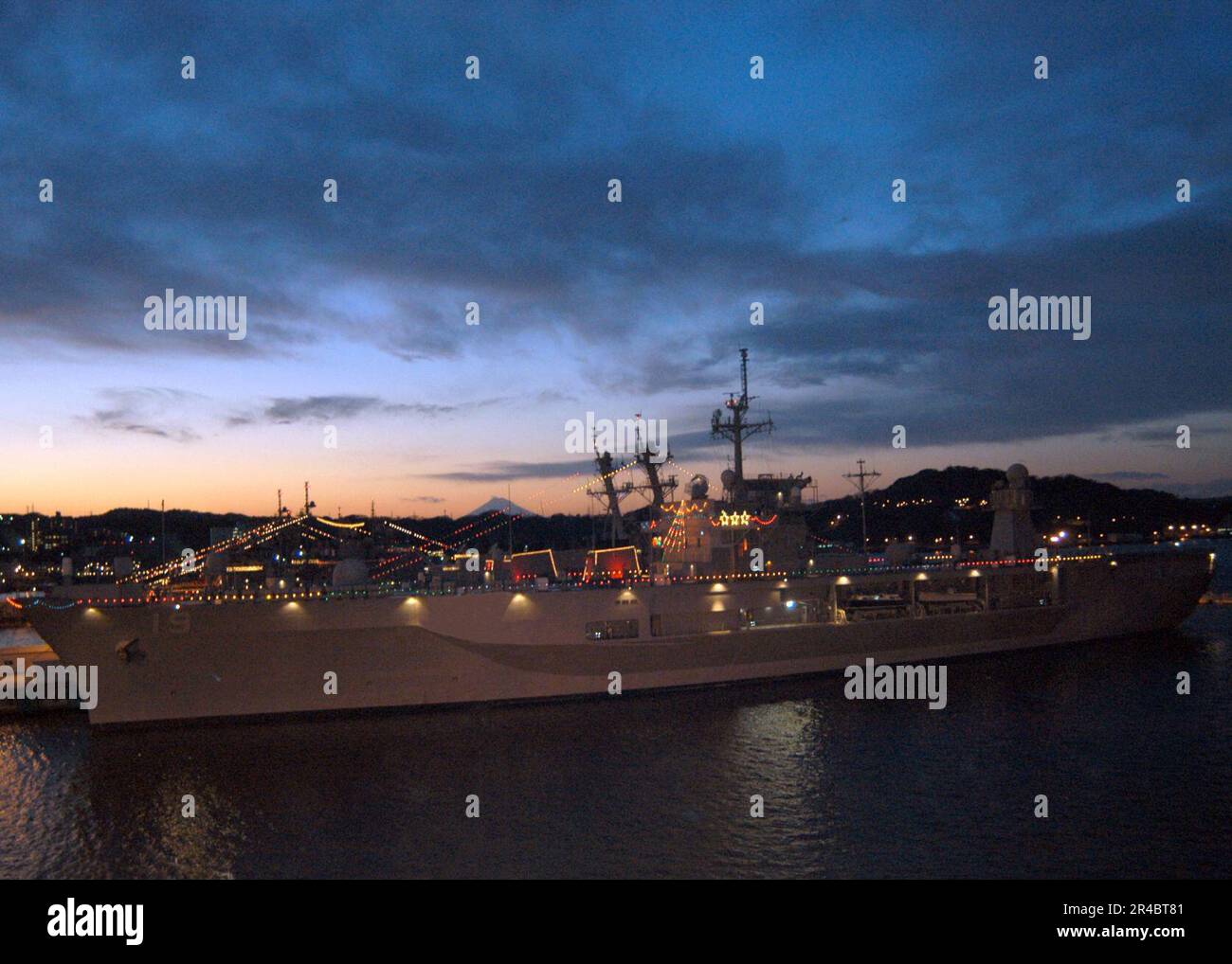 US Navy Christmas lights outline the amphibious command and control ...