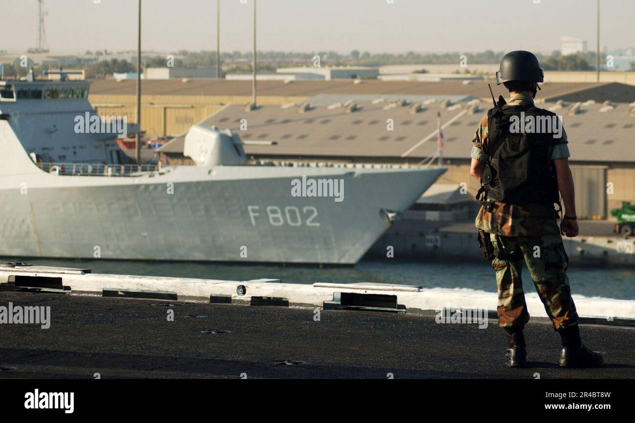 US Navy Master-at-Arms 2nd Class stands watch on the flight deck Stock ...