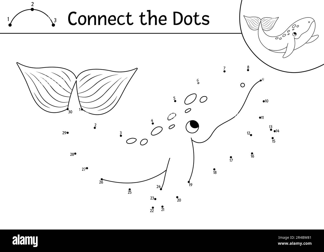 Vector dot-to-dot and color activity with cute whale. Under the sea ...