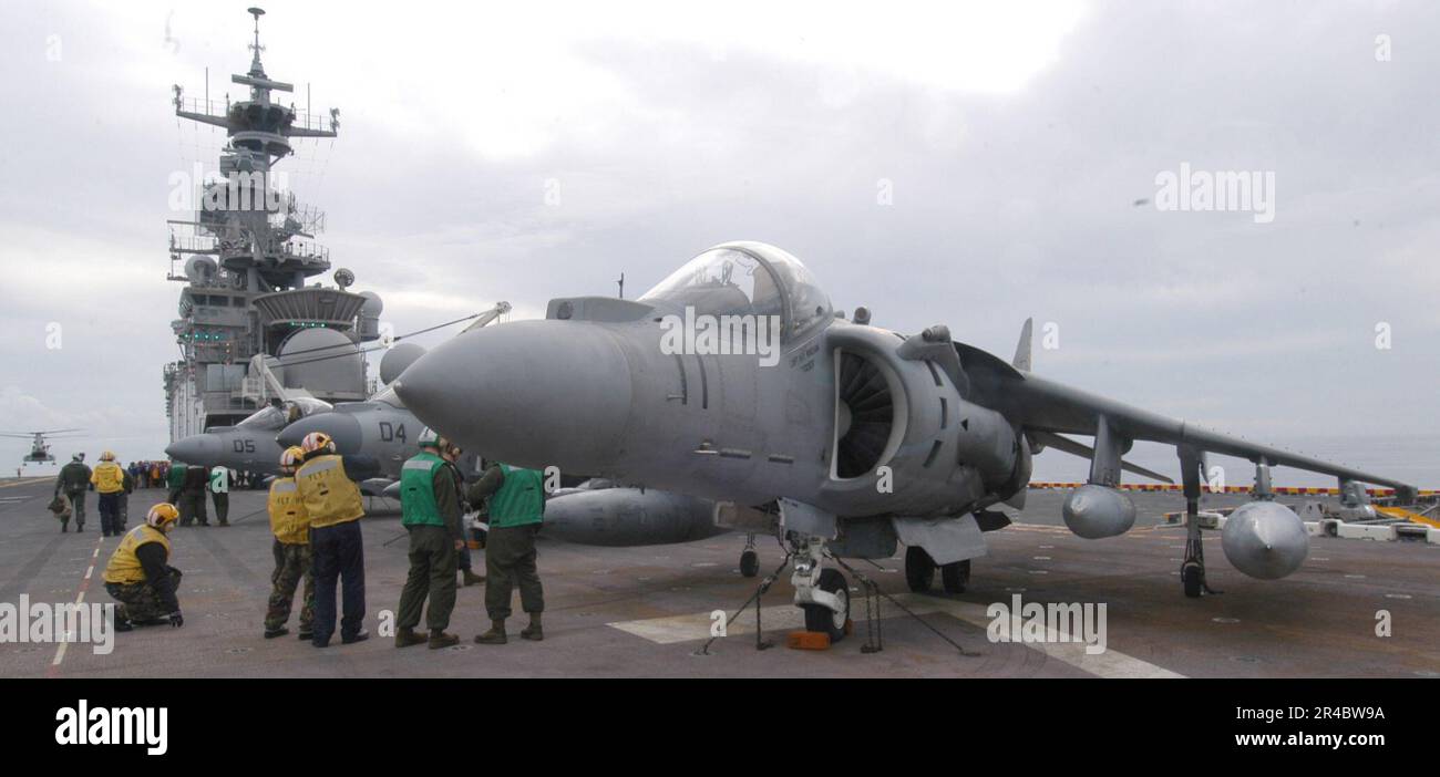 US Navy AV-8B Harriers set on the flight deck aboard the amphibious ...