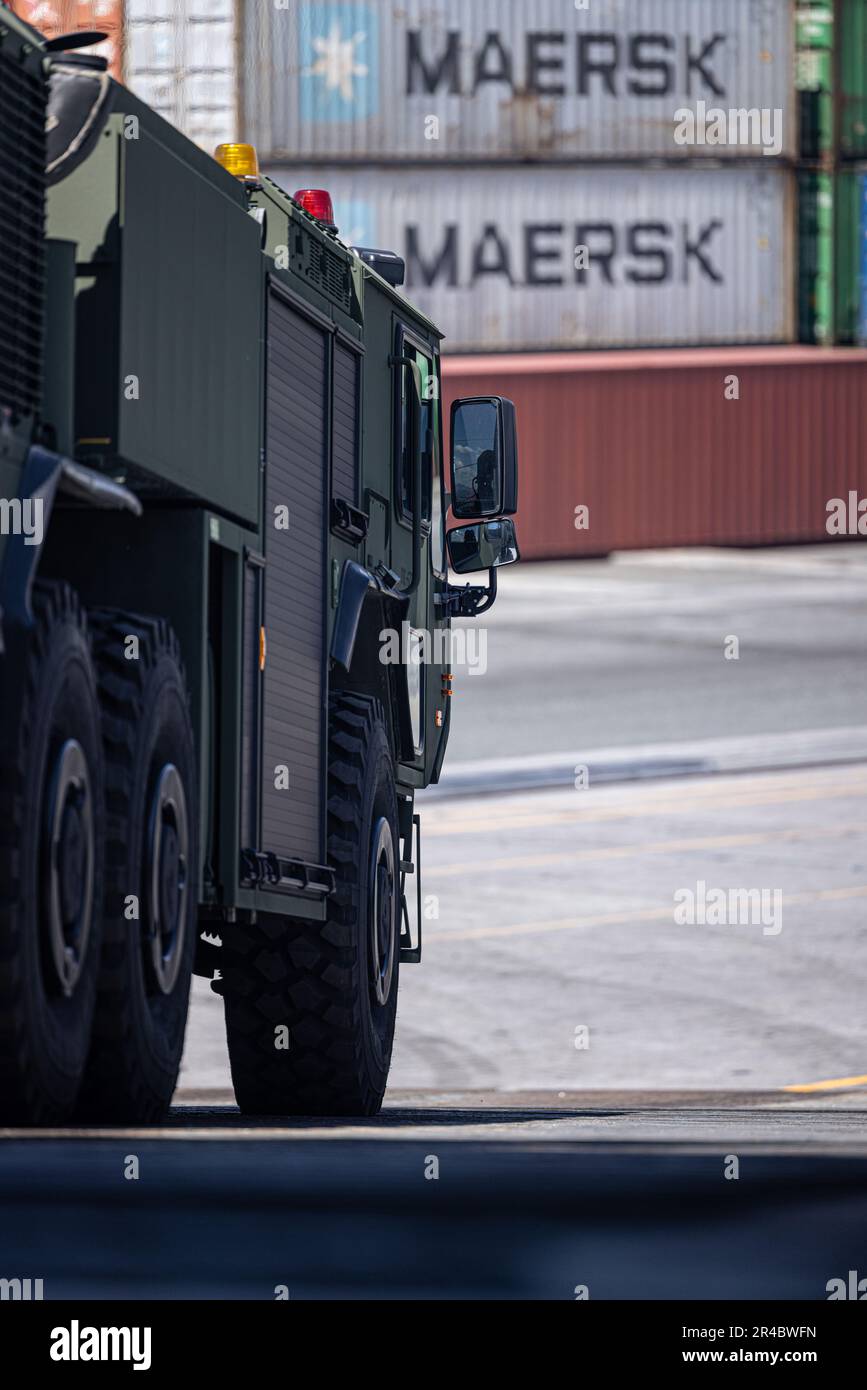 A U.S. Marine Corps P19R Fire Fighting Truck is offloaded from U.S ...