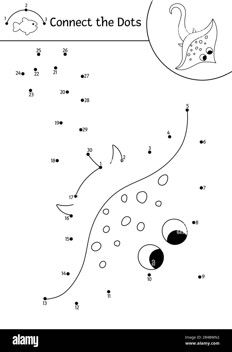 Vector dot-to-dot and color activity with cute ray fish. Under the sea ...